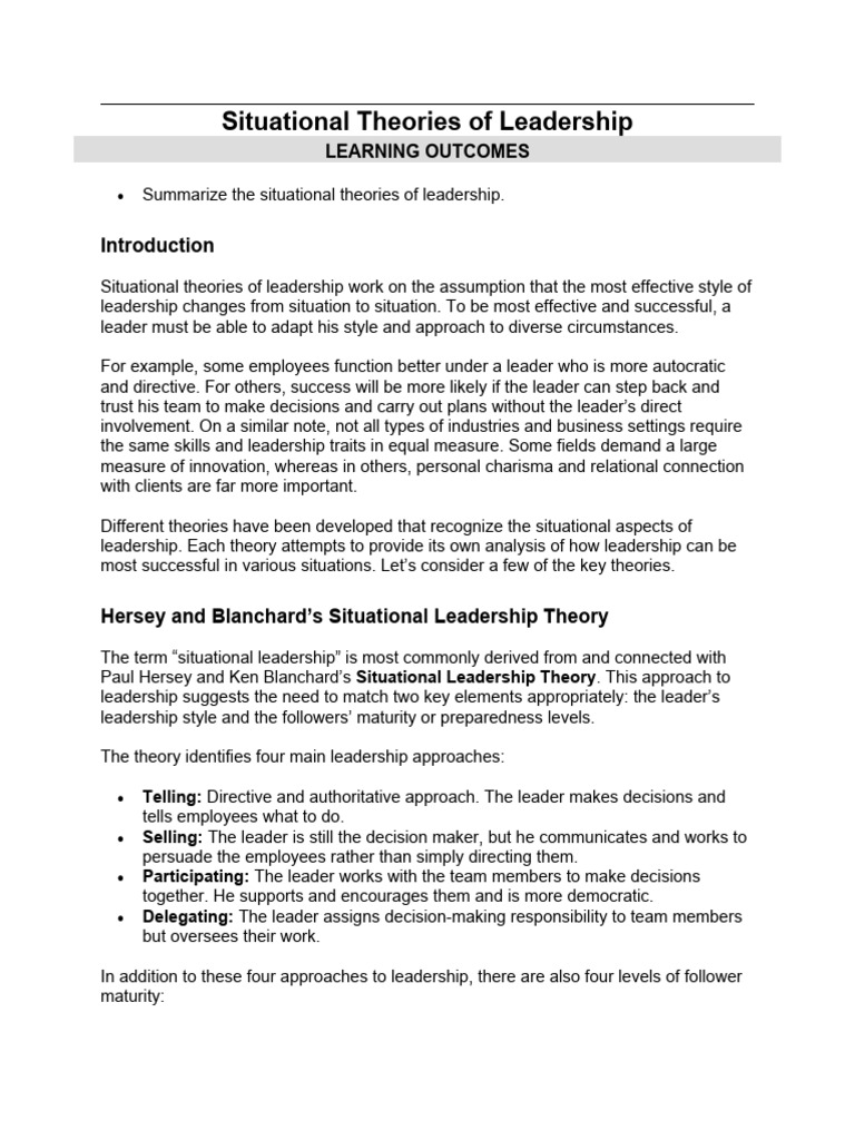 Situational Leadership Theories Explained | PDF | Leadership | Psychology