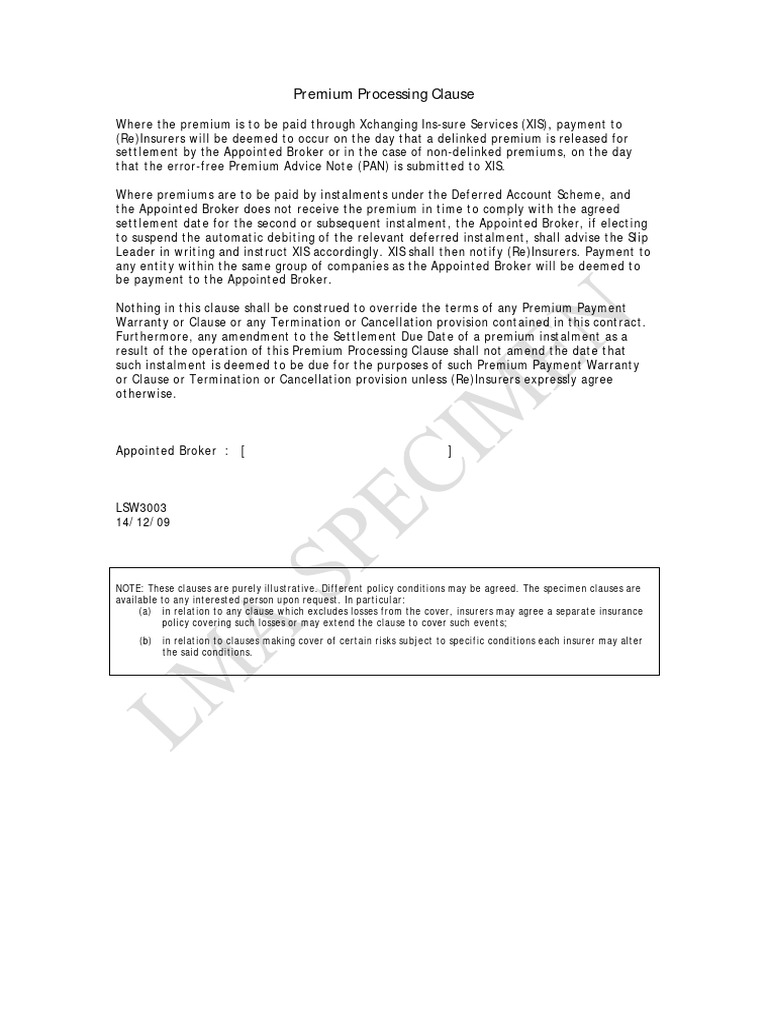 Premium Payment Clause for LSW 3001 | PDF