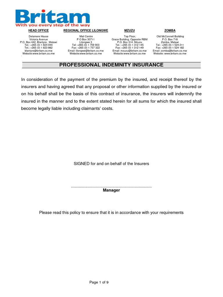 Specimen - Professional Indemnity Insurance Policy | PDF | Finance ...