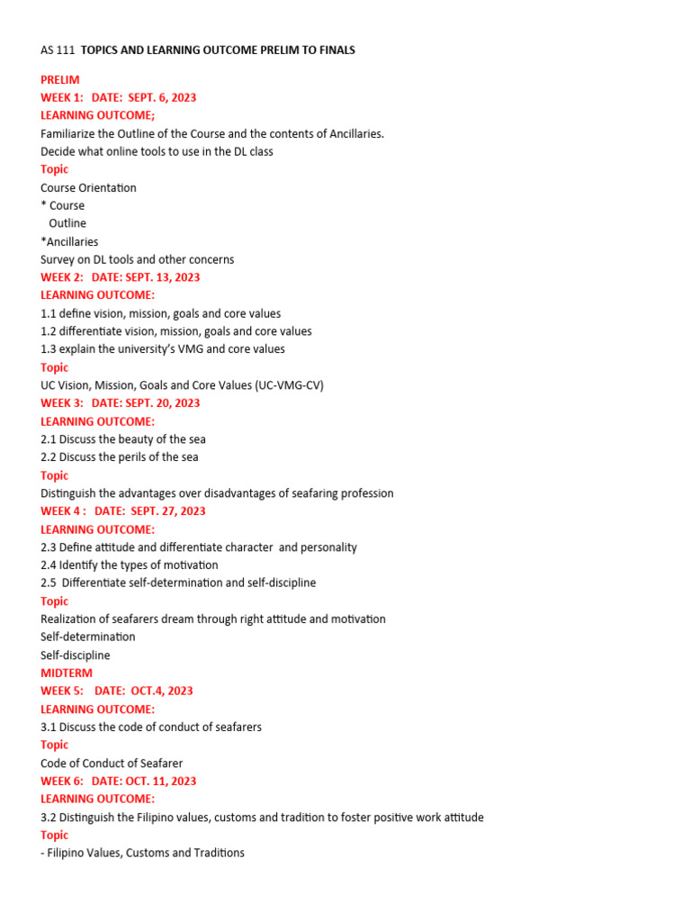 As 111 Wed Topics Learning Outcome Prelim Finals | PDF | Risk | Leadership