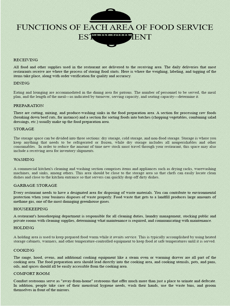 Functions of Each Area of Food Service Establishment | PDF ...