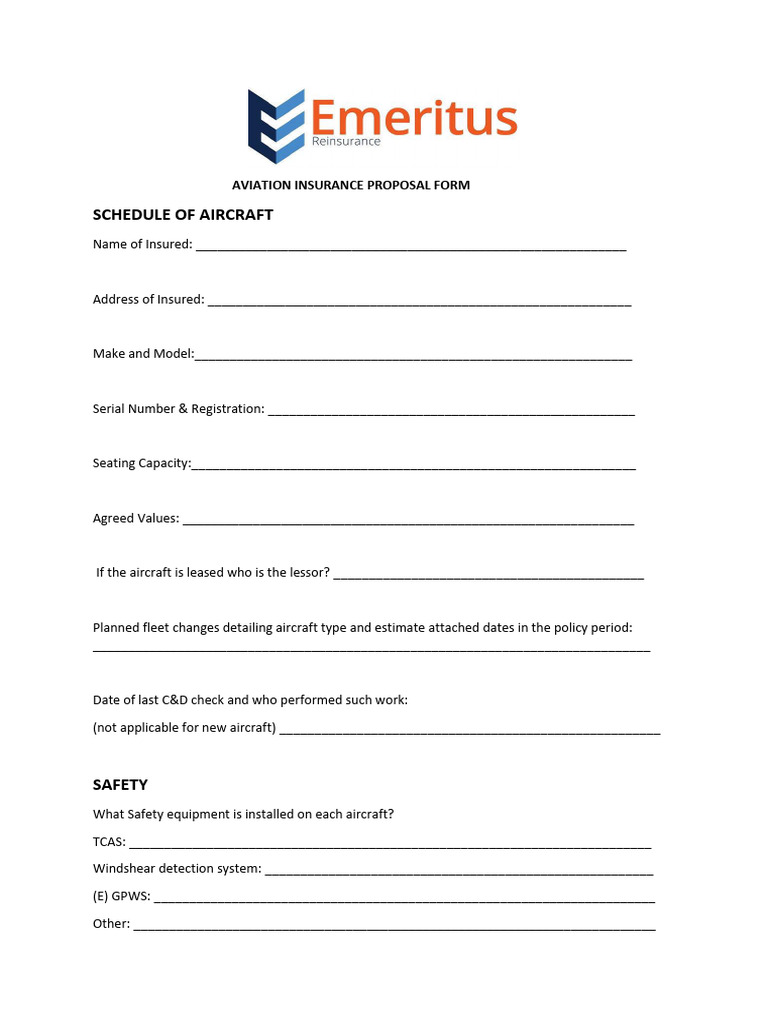 Aviation Insurance Proposal Form | Download Free PDF | Airlines | Insurance