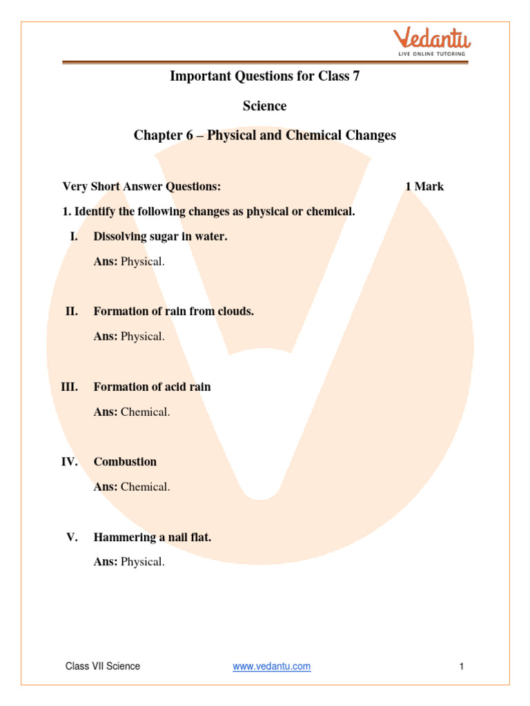 Important Questions For CBSE Class 7 Science Chapter 6 - Physical and ...