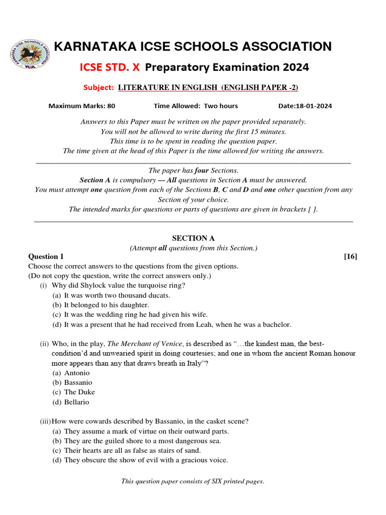 KISA - English Literature Question Paper English II | PDF | Shakespearean Comedies | The ...