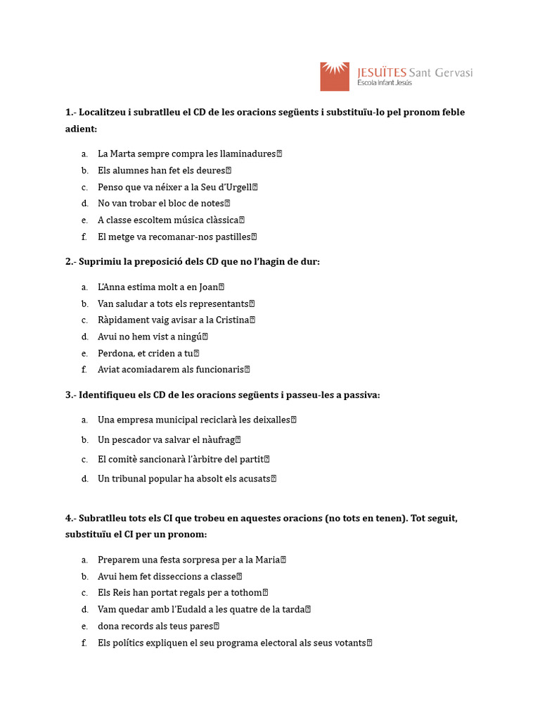 Exercicis Substitució Pronominal | PDF