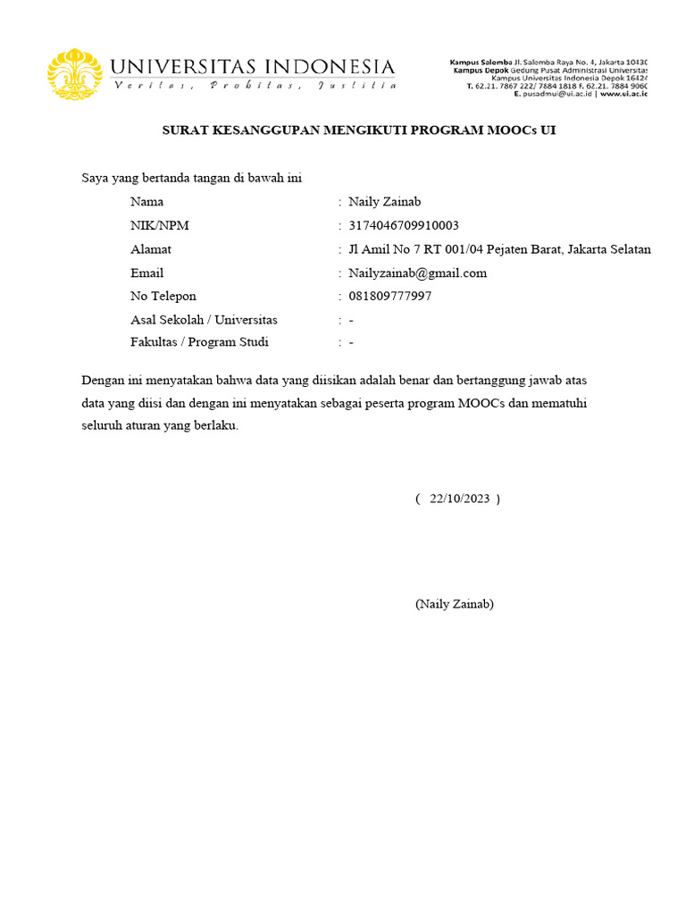 Template Surat Pendaftaran Program MOOCs UI | PDF | Komputer