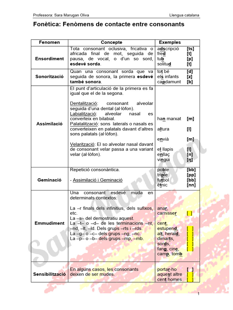 Teoria Fonètica (Fenòmens de Contacte Entre Consonants) Amb Exercicis III | PDF