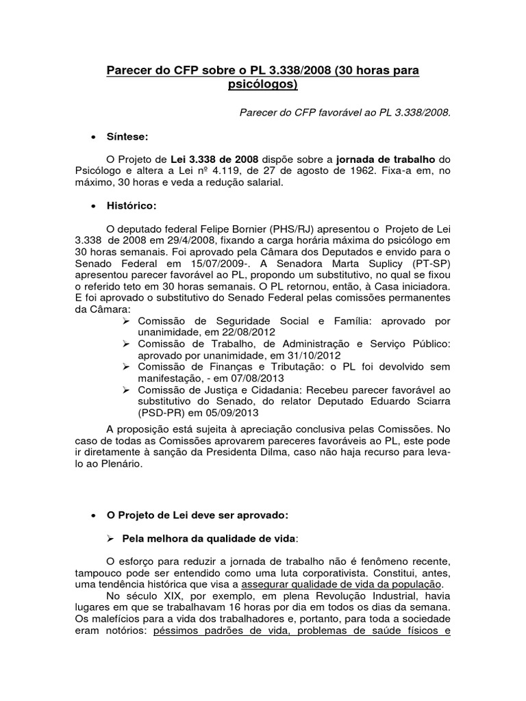 Parecer Do CFP Sobre o PL 3338 30 Horas 03 07 14 | PDF | Psicologia