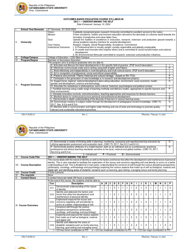 SYLLABUS FOR BSED GEC 1 Understanding The Self | PDF | Educational ...