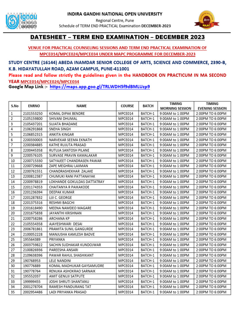 Datesheet Batch Timing Mpce014 Mpce024 Mpce034 Tepe Dec.-23 | PDF