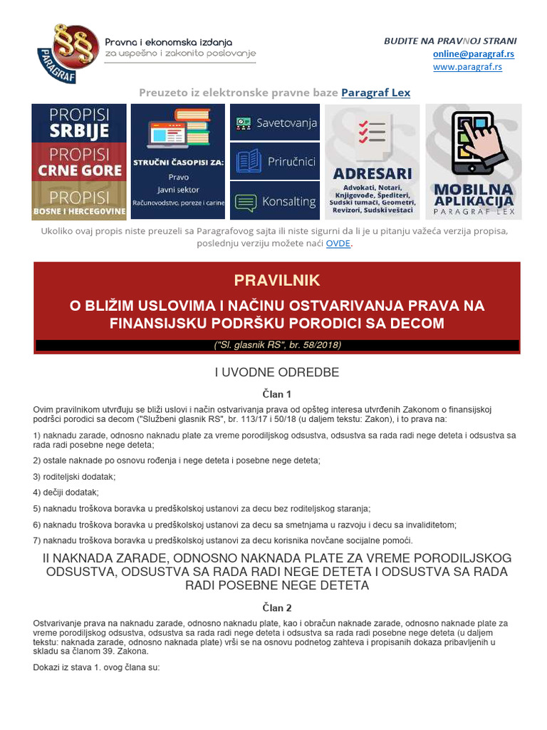 Pravilnik o Blizim Uslovima I Nacinu Ostvarivanja Prava Na Finansijsku Podrsku Porodici Sa Decom ...