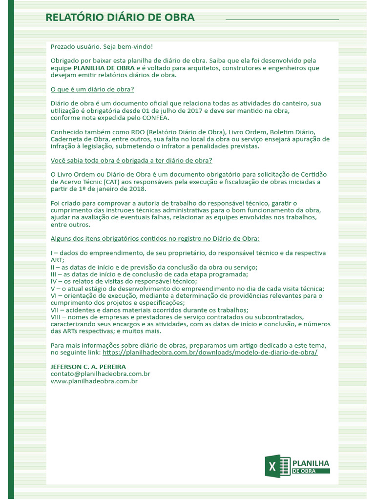 Relatorio Diario de Obra | PDF Relatorio Diario de Obra | PDF