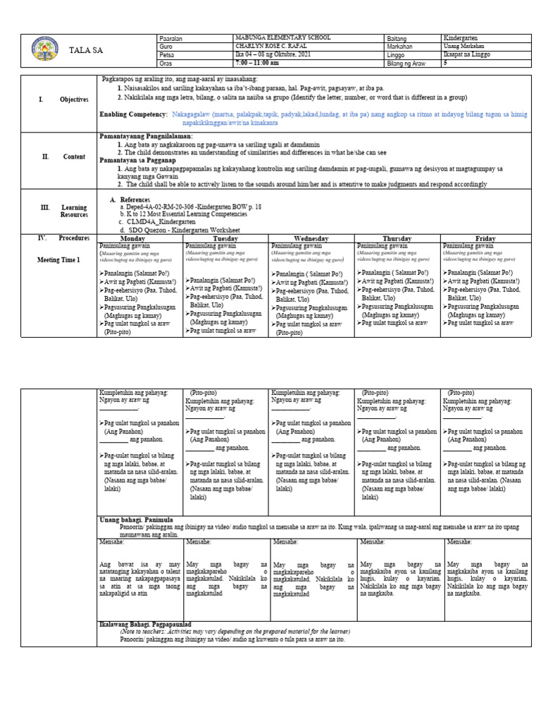 Lesson Exemplar KG-Week 4 | PDF