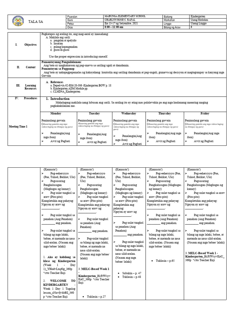 Lesson Exemplar KG-Week 1 | PDF