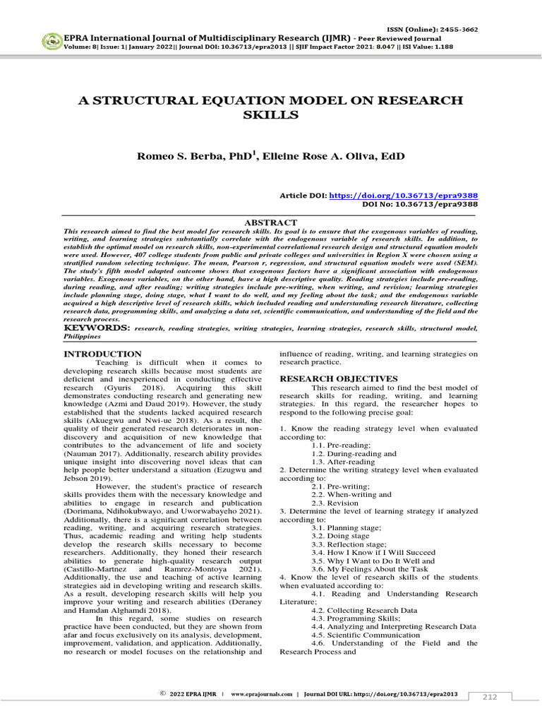 A Structural Equation Model On Research Skills | PDF | Structural Equation Modeling | Statistics