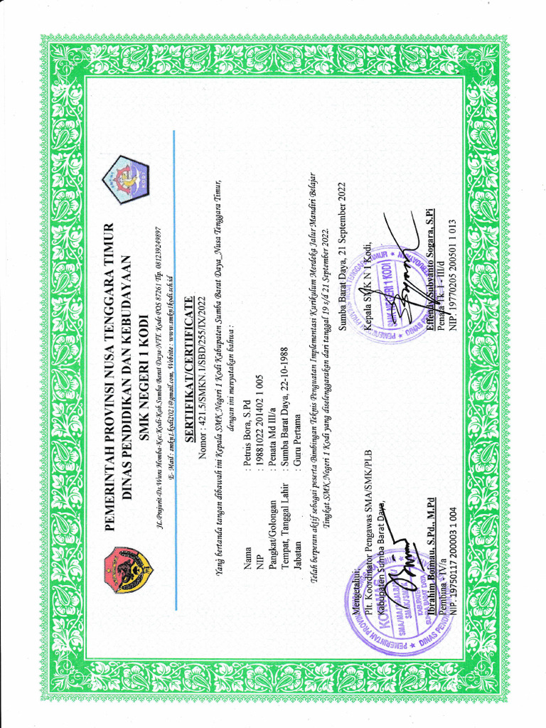 Sertifikat Bimtek Peng Imple Kurmer Jalur Mandiri Belajar Petrus 2022