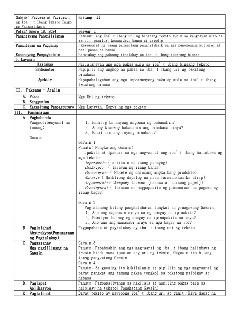 Banghay Aralin Sa Pagbasa at Pagsusuri NG Iba T Ibang Teksto Tungo Sa Pananaliksik G11 2 | PDF