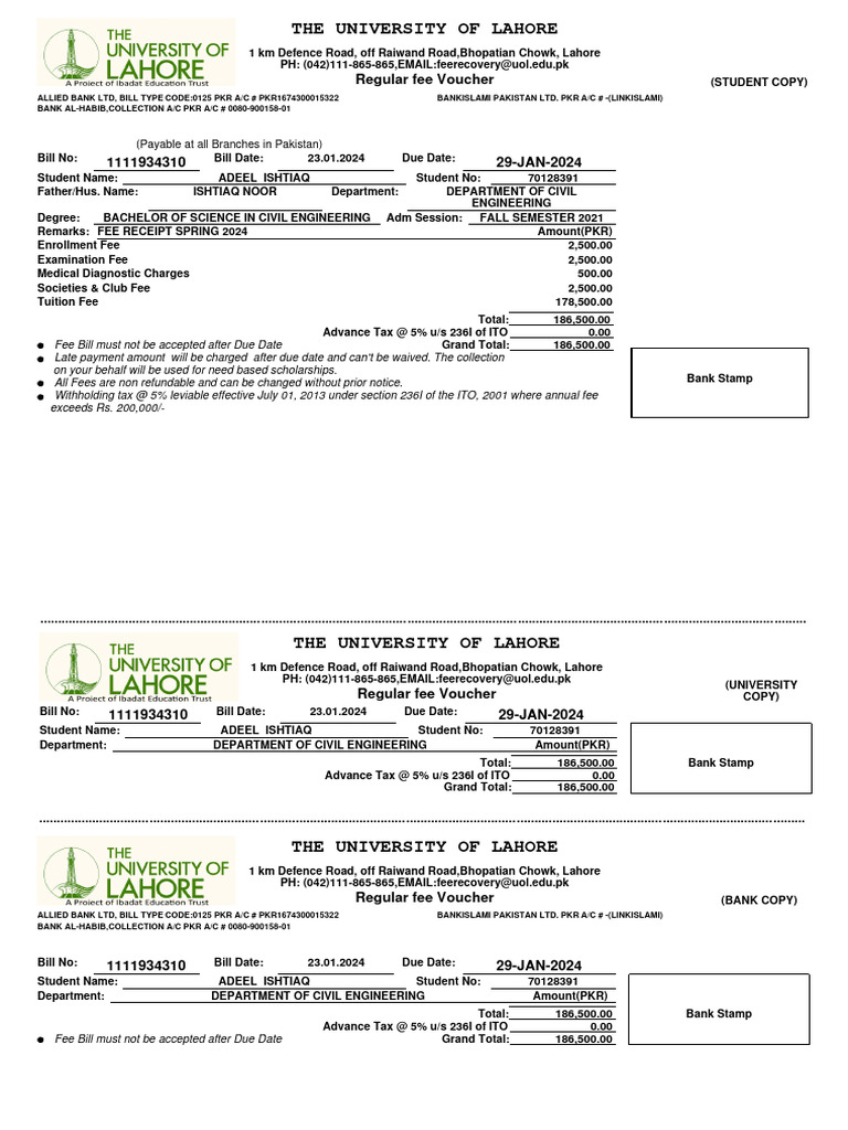 The University of Lahore: Regular Fee Voucher | PDF | Fee | Public Finance