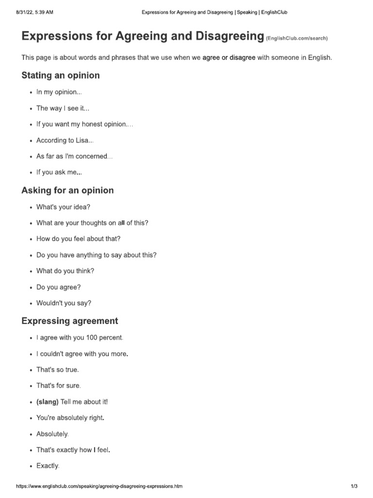 Expressions For Agreeing and Disagreeing - Speaking - EnglishClub | PDF