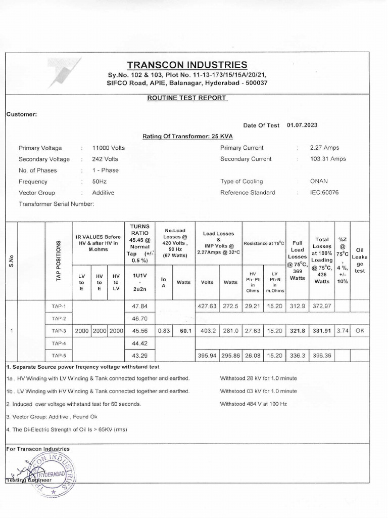 25 KVA Test Reports (CRGO) | PDF