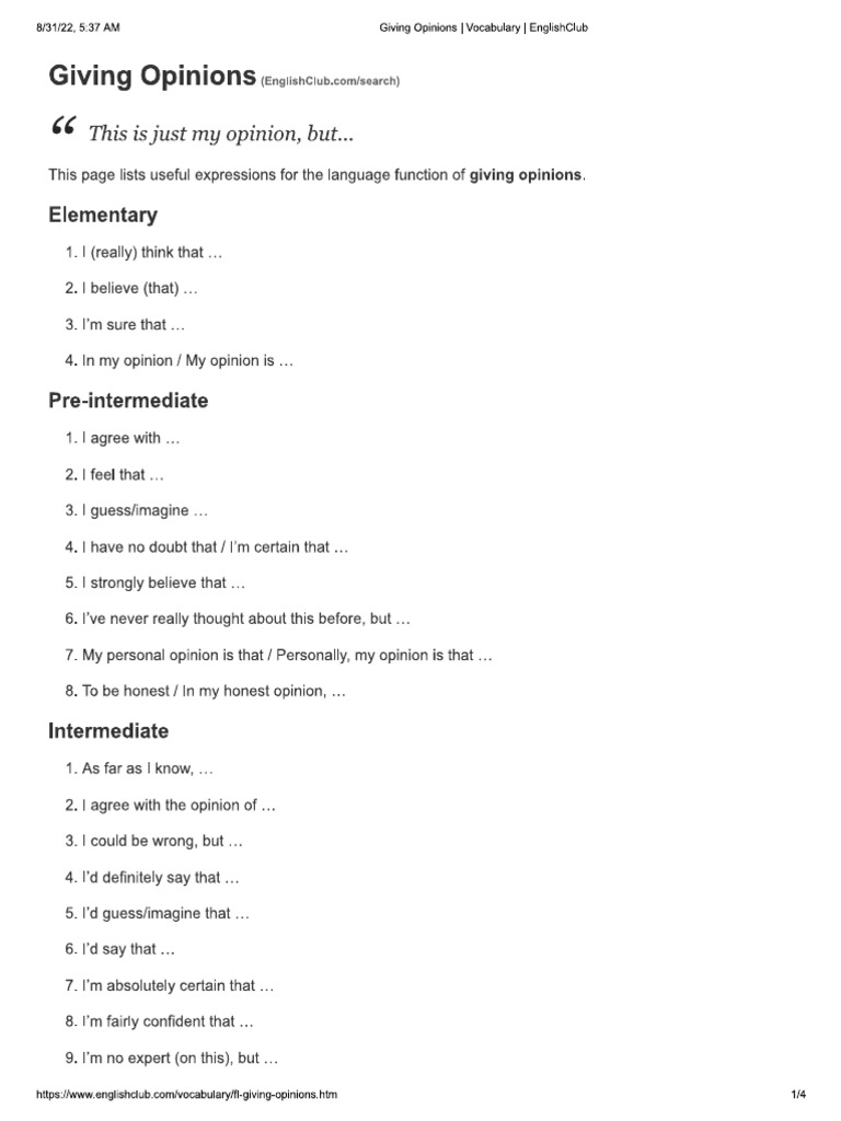 Giving Opinions - Vocabulary - EnglishClub | PDF