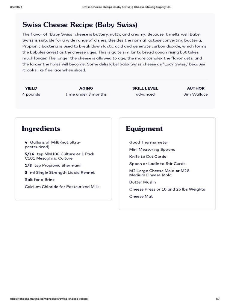 Baby Swiss Cheese Recipe Guide | PDF | Cheese | Cheesemaking