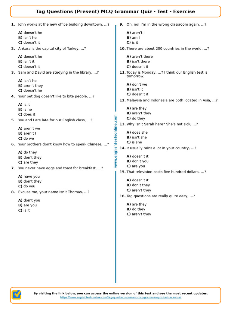 Tag Questions MCQ Grammar Exercise | PDF
