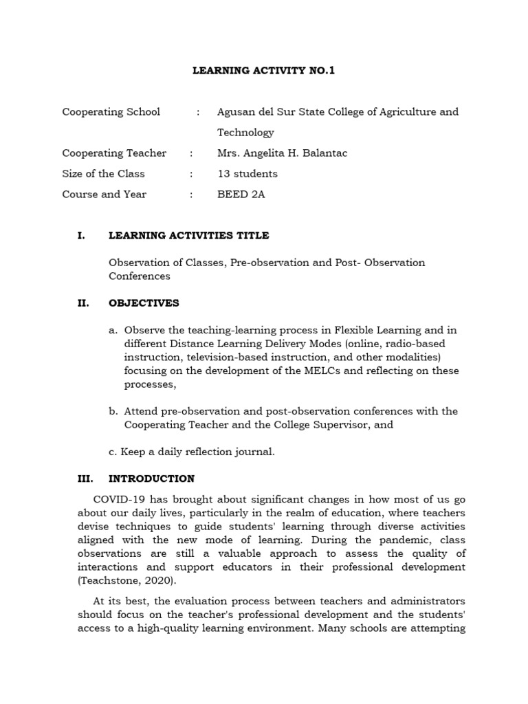 Learning Activity No. 1 | PDF | Teachers | Learning