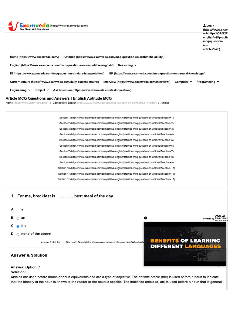 Article MCQ Questions and Answers - English Aptitude MCQ | PDF | Noun ...