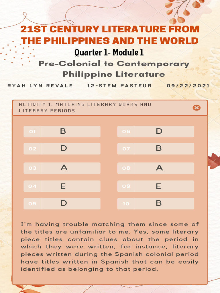 21st Century Literature From The Philippines and The World Module 1 (Ryah Lyn Revale 12 - Stem ...