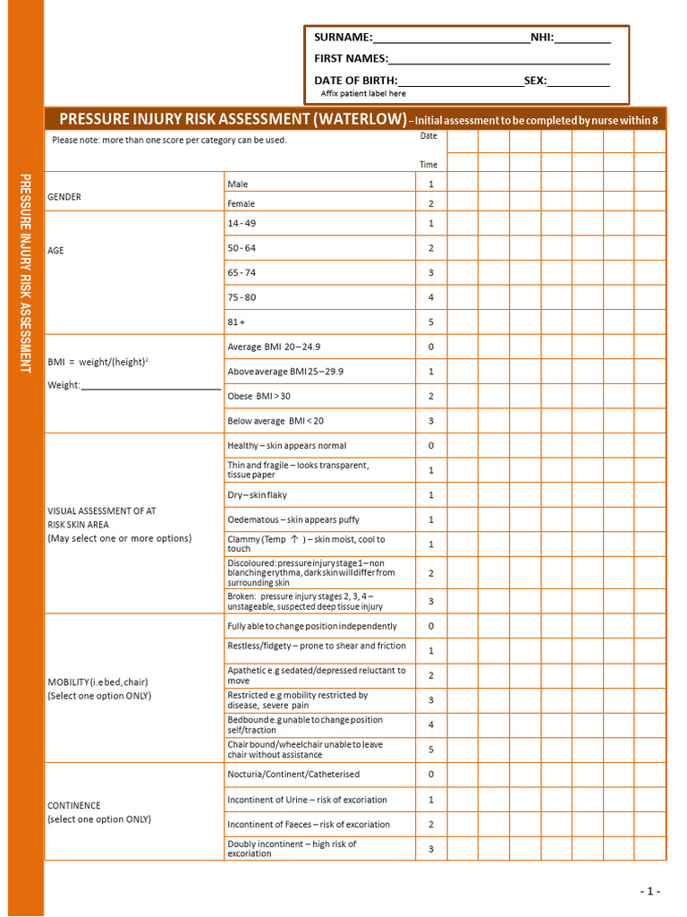 Waterlow Pressure Injury Assessment Guide | PDF | Body Mass Index ...