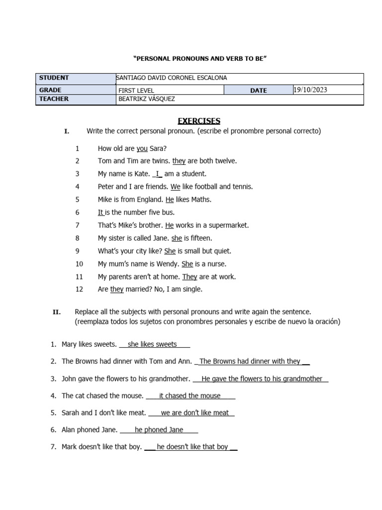 Exercises To Be Verb and Personal Pronouns SANTIAGO CORONEL | PDF ...