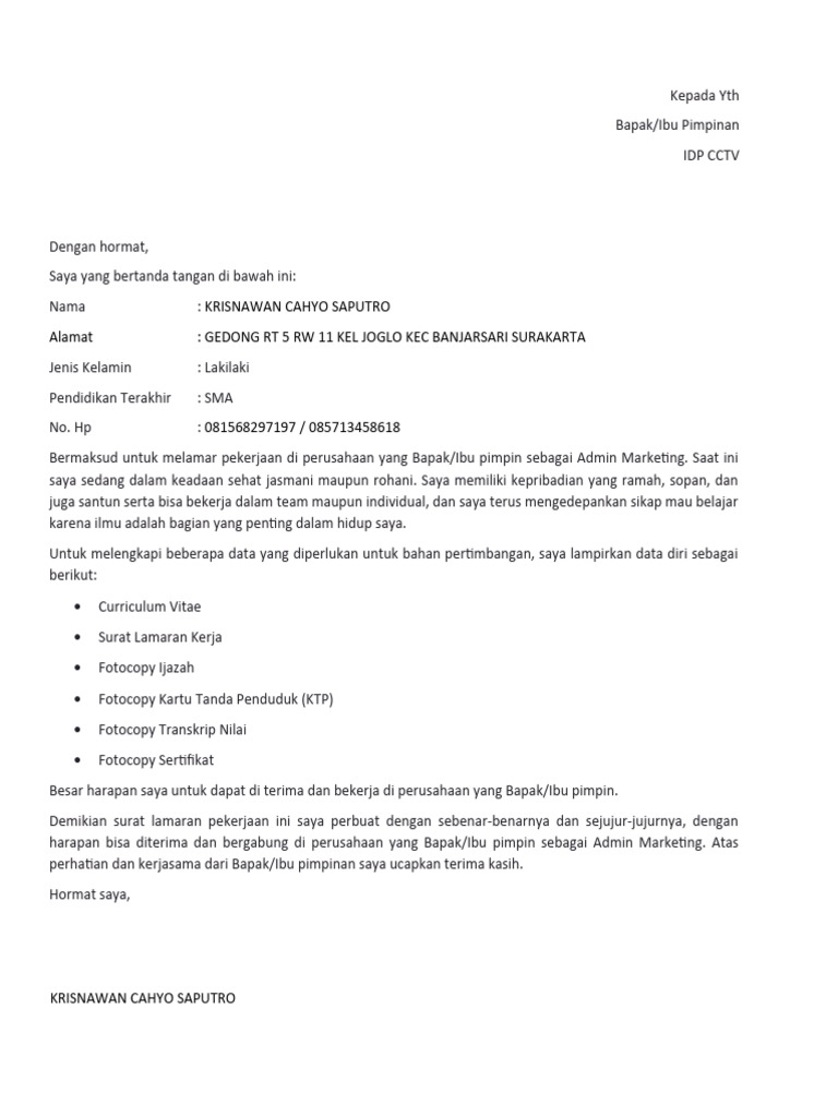 Surat Lamaran Admin Marketing | PDF