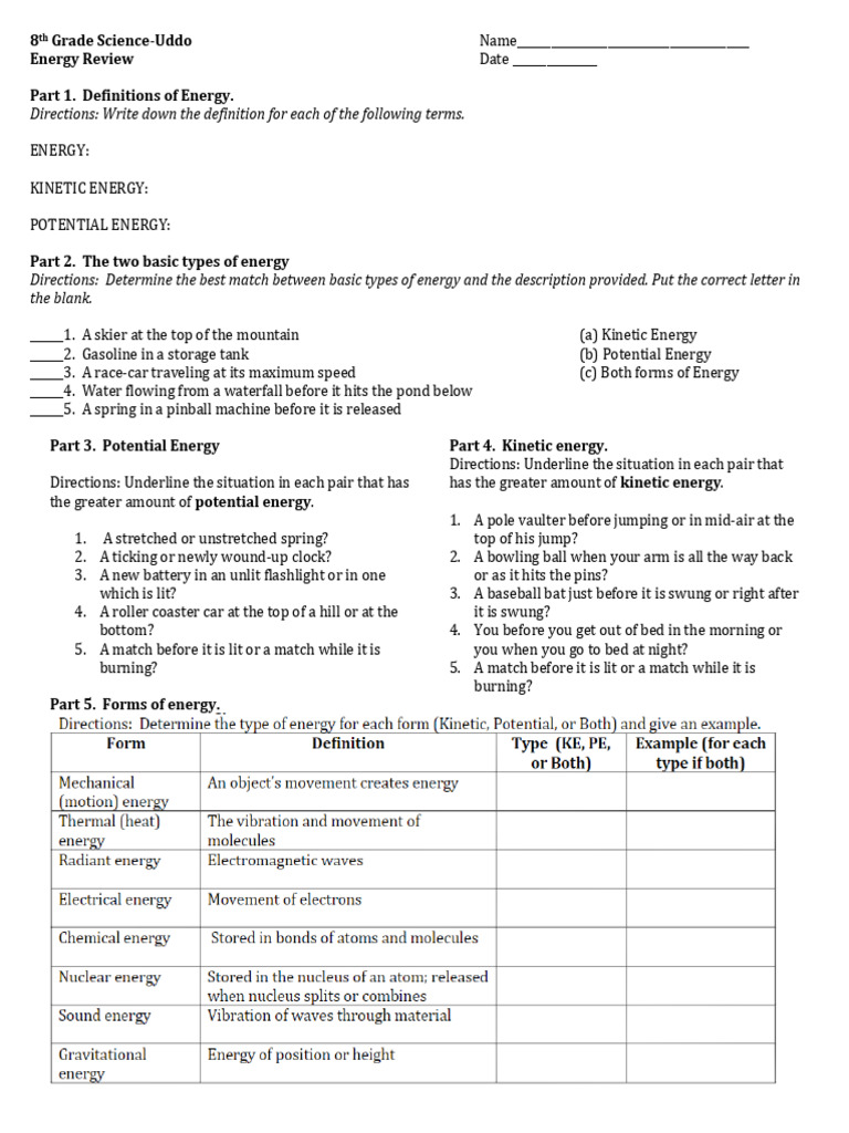 8th Grade Energy Review Worksheet | PDF | Physical Quantities | Nature