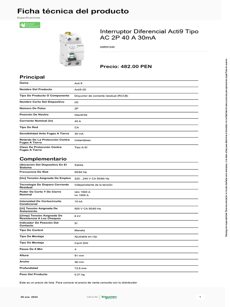 Schneider Electric Interruptor Diferencial Acti IID A9R91240 | PDF ...