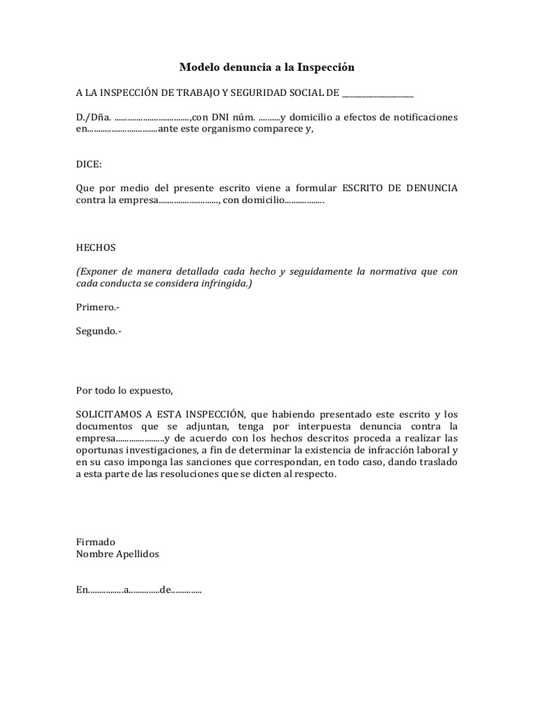 Modelo Denuncia A La Inspeccion Pdf