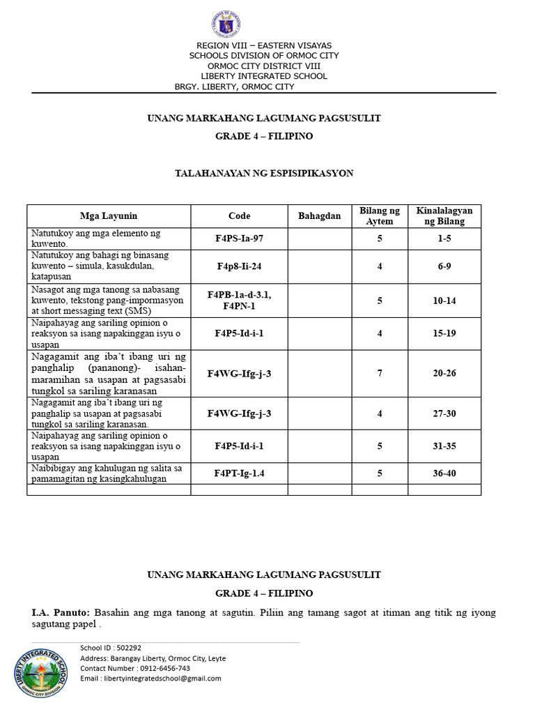 GRADE 4 First Quarter Examination in Filipino | PDF