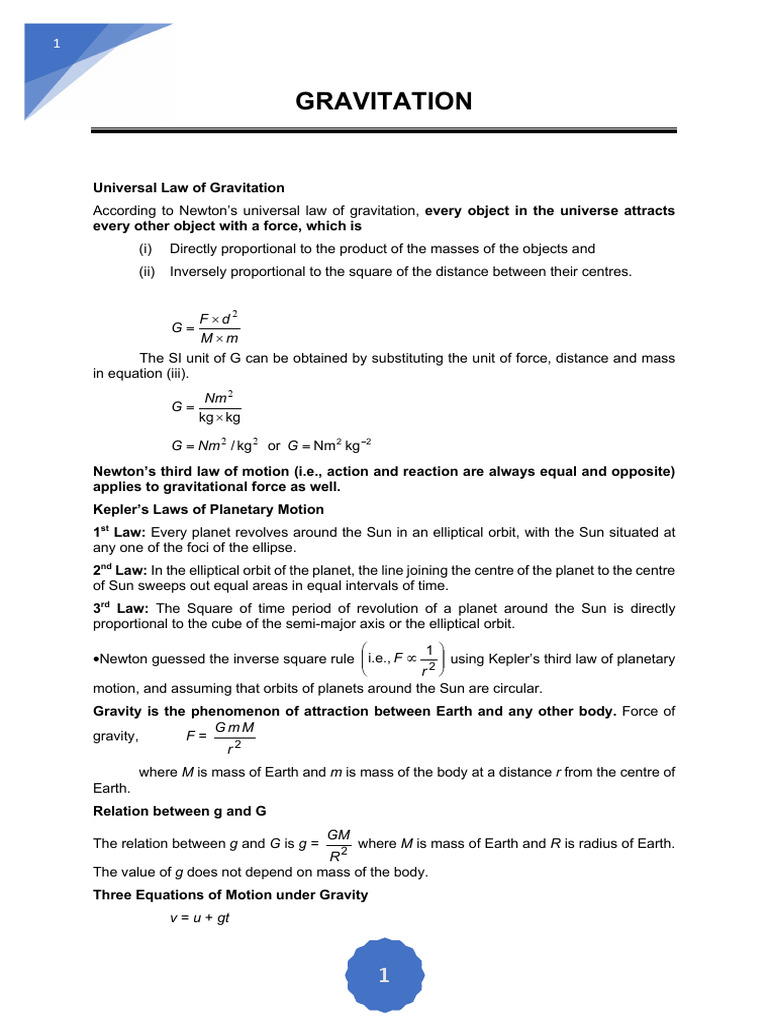 Gravitation Formula Sheet | PDF | Orbit | Density