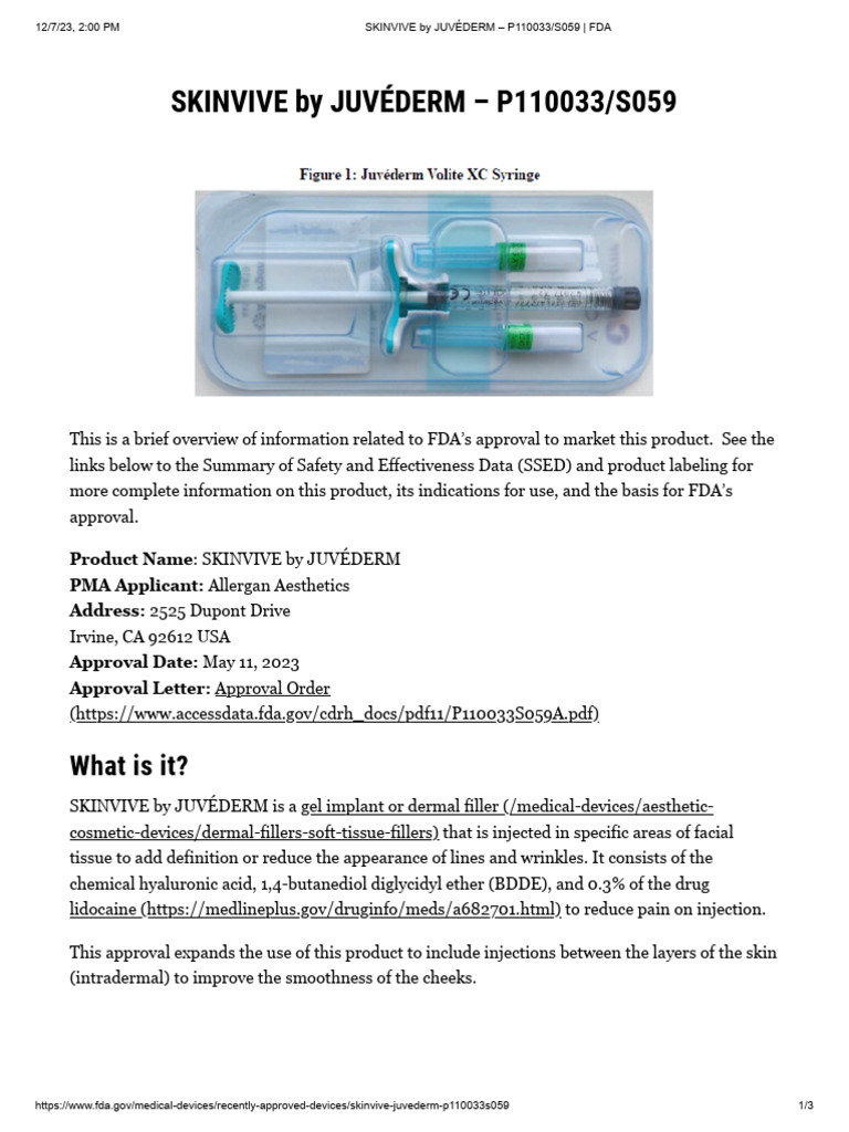 SKINVIVE by JUVÉDERM - P110033 - S059 - FDA | PDF | Injection (Medicine ...
