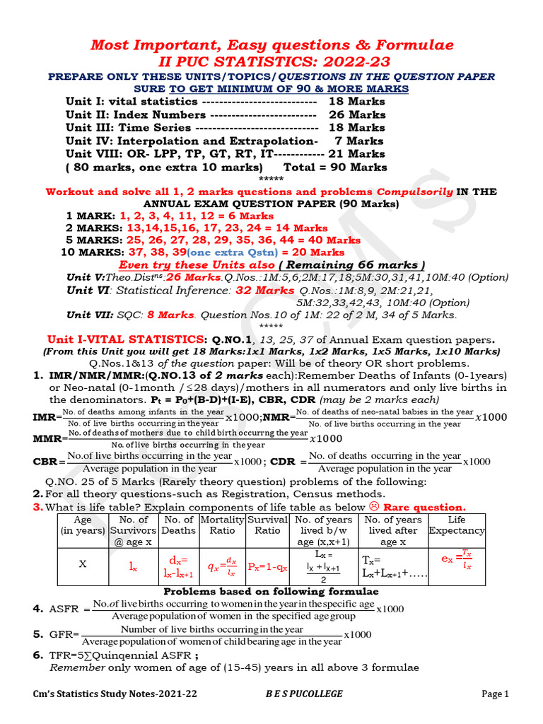 II PU Stats Most Important, Easy Questions & Formulae-2023 - 113150 | PDF | Cost Of Living ...