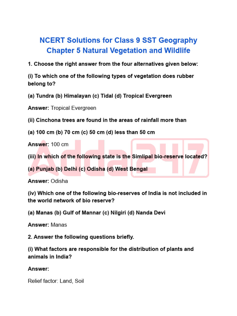 NCERT Solutions For Class 9 SST Geography Chapter 5 Natural Vegetation and Wildlife | PDF ...