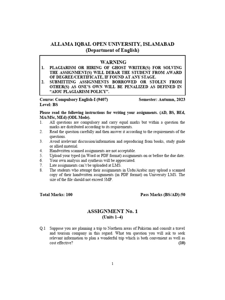 Allama Iqbal Open University, Islamabad (Department of English) Warning | PDF