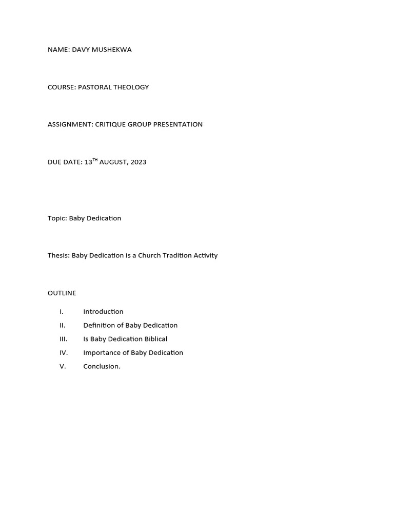 Assignment Pastoral Theology - Baby Dedication | PDF | Wellness ...