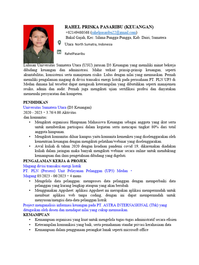 CV - RAHEL PRISKA PASARIBU Terbarukan | PDF