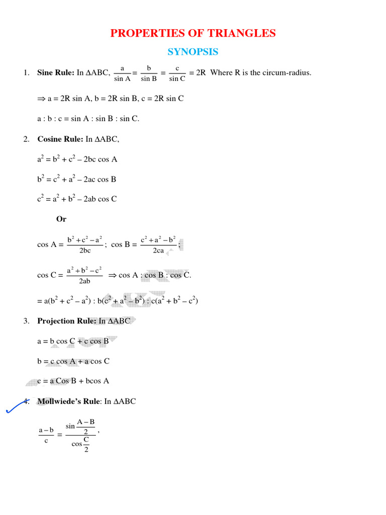 TRIGO Formula Sheet - 3 On Properties of Triangle | PDF | Trigonometric ...