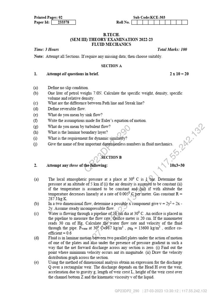 Btech Ce 3 Sem Fluid Mechanics Kce 303 2023 | PDF | Fluid Dynamics ...