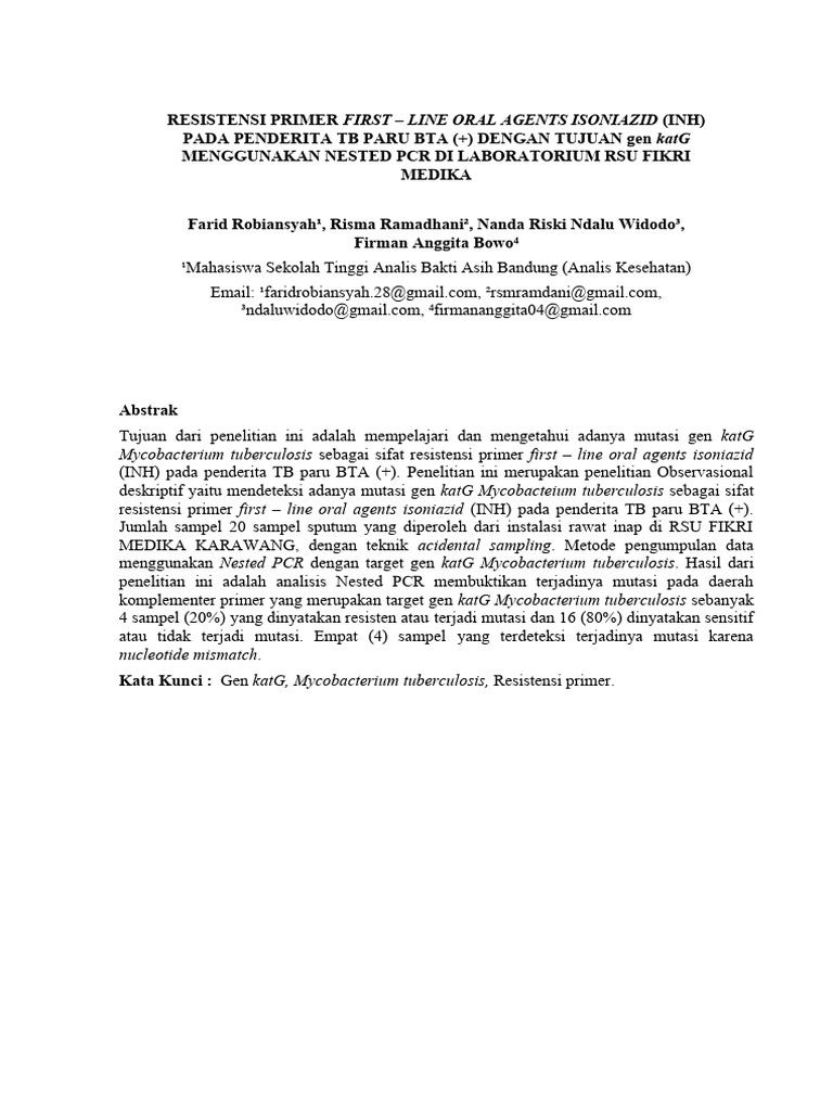 Resistensi Primer Pada Penderita TB Paru Bta (+) Dengan Tujuan Gen Katg ...