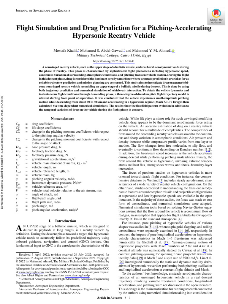 J3 - Flight Simulation and Drag Prediction For A Pitching-Accelerating Hypersonic Reentry ...