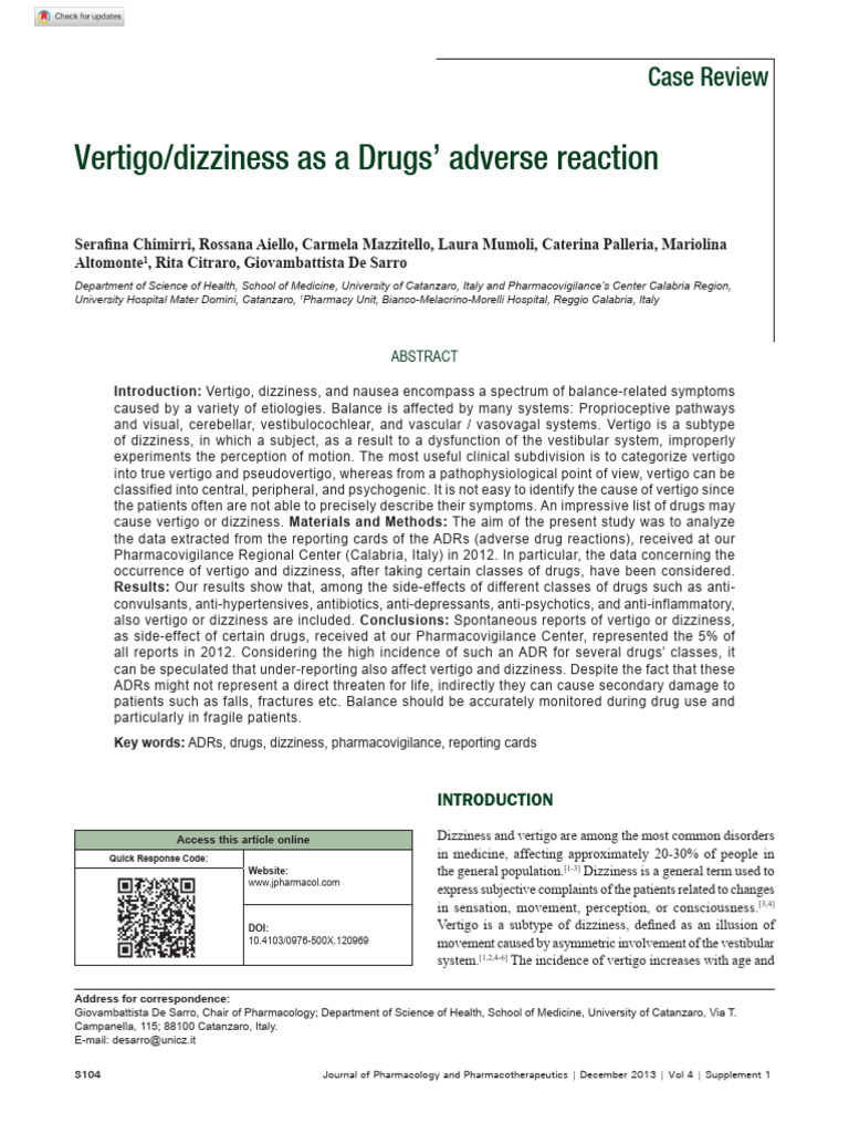 Chimirri Et Al 2013 Vertigo Dizziness As A Drugs Adverse Reaction | PDF | Vertigo | Nervous System