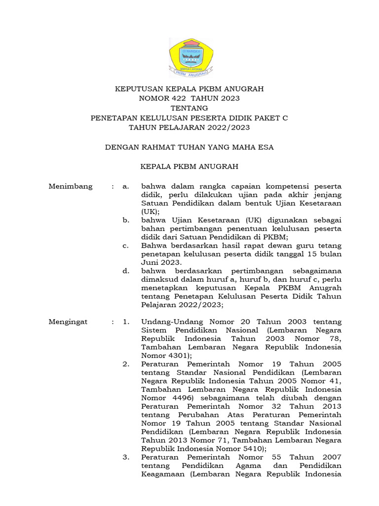 SK Kelulusan Siswa Paket C PKBM Tahun 2023 | PDF